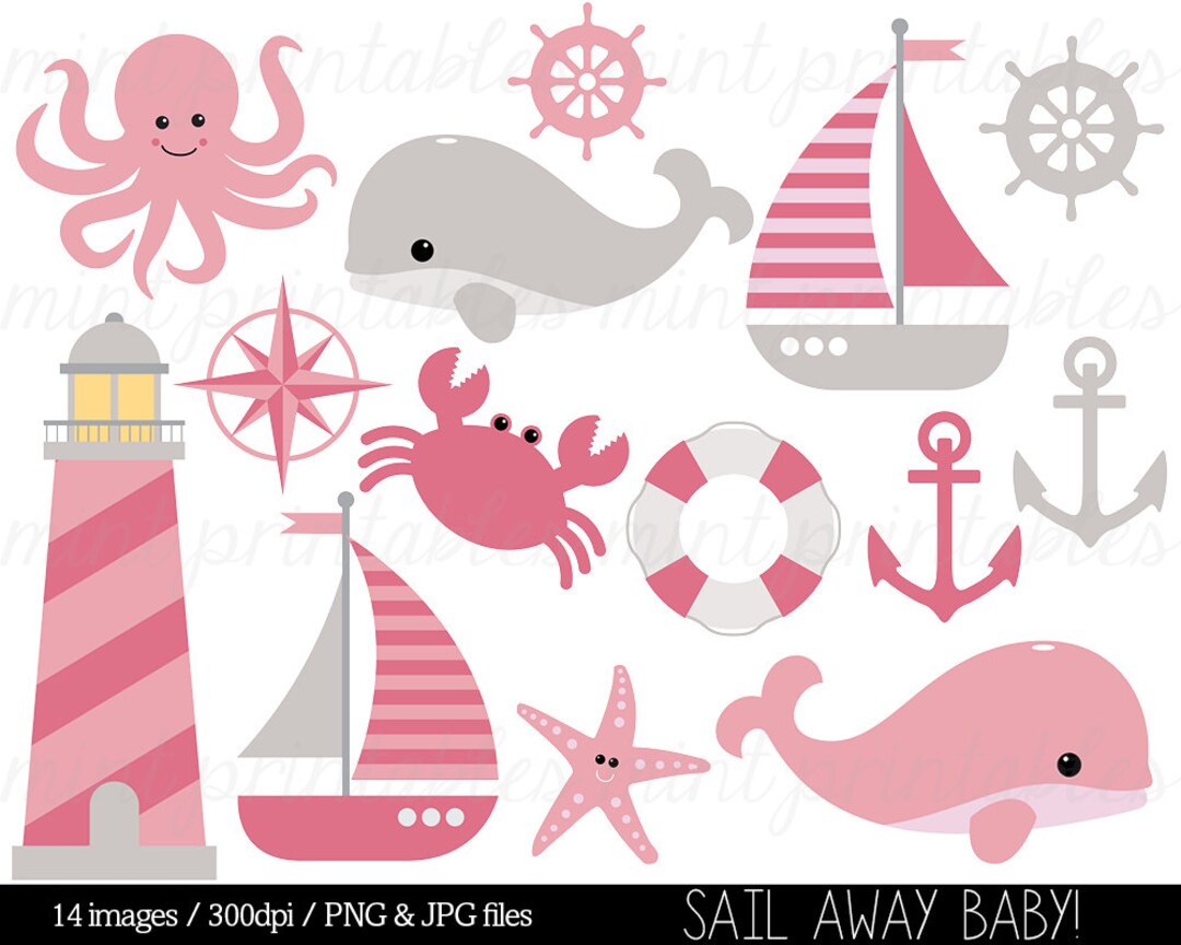 Nautical Clipart Clip Art, Anchor Clipart, Pink Gray Whale Sailing ...