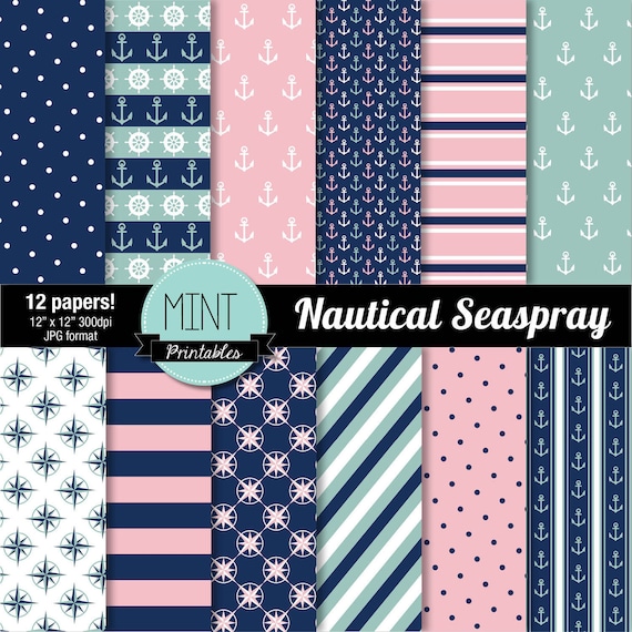 Nautical Digital Paper Pink Blush Navy Green Scrapbooking | Etsy
