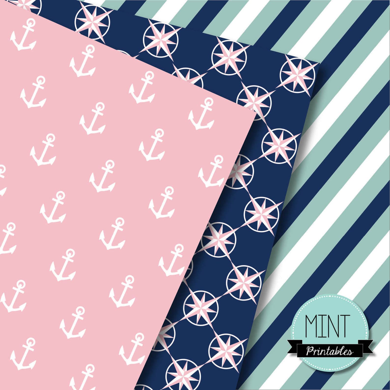Nautical Digital Paper Pink Blush Navy Green Scrapbooking | Etsy