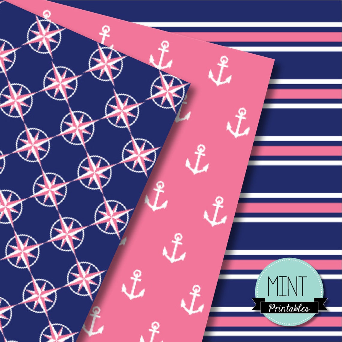 Nautical Digital Paper Pink and Navy Scrapbooking Paper | Etsy