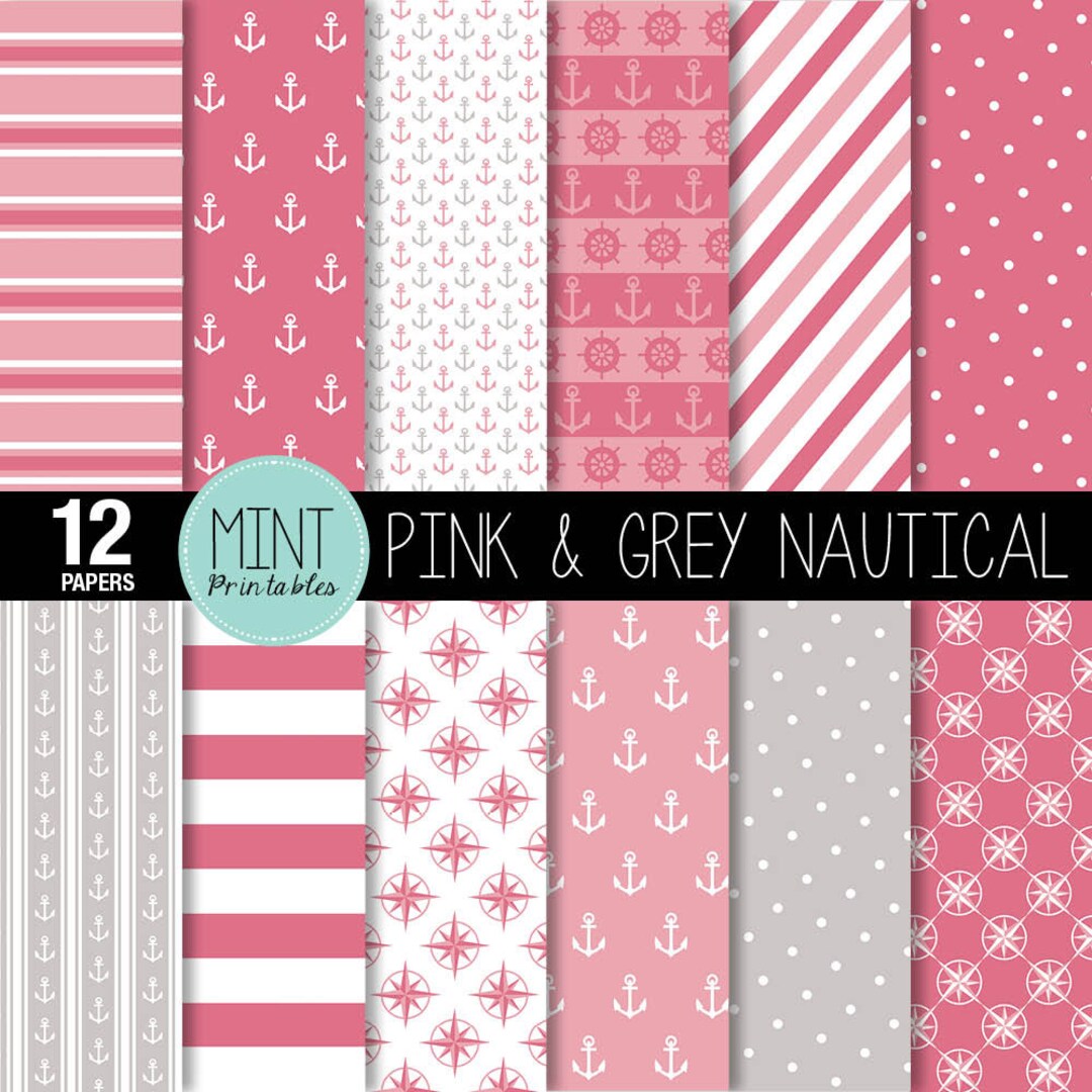 Nautical Digital Paper, Pink and Navy Scrapbooking Paper, Anchor ...