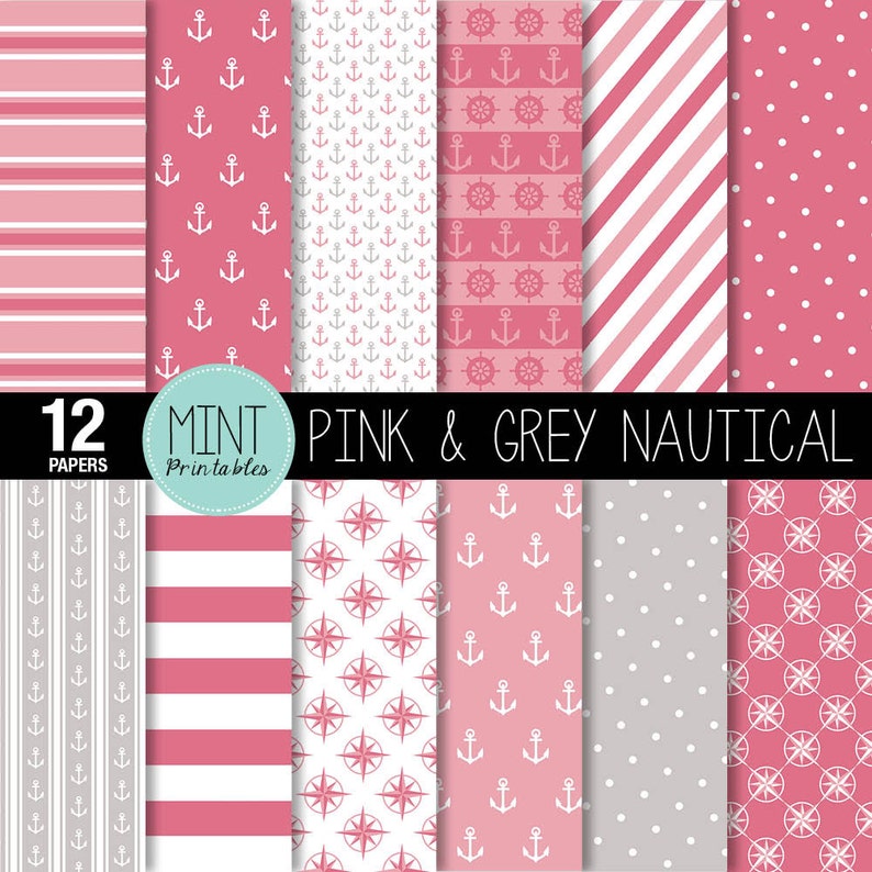 Nautical Digital Paper Pink and Navy Scrapbooking Paper - Etsy