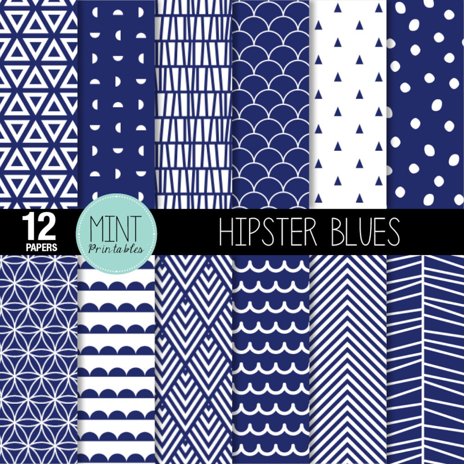Navy and White Scrapbooking Paper, Digital Paper, Geometric Pattern ...