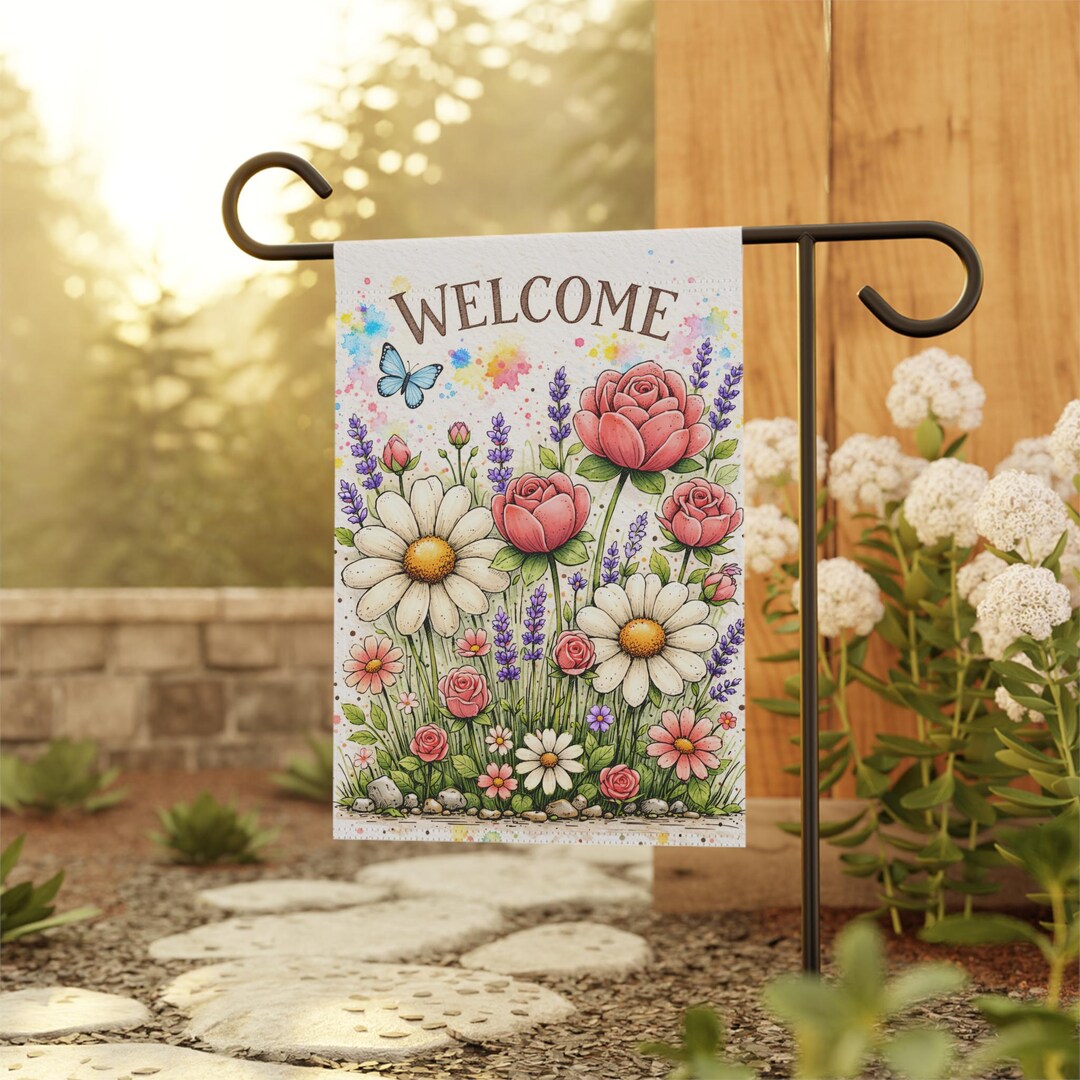 Welcome Floral Garden Banner | Outdoor Flag, Daisies & Roses - Etsy