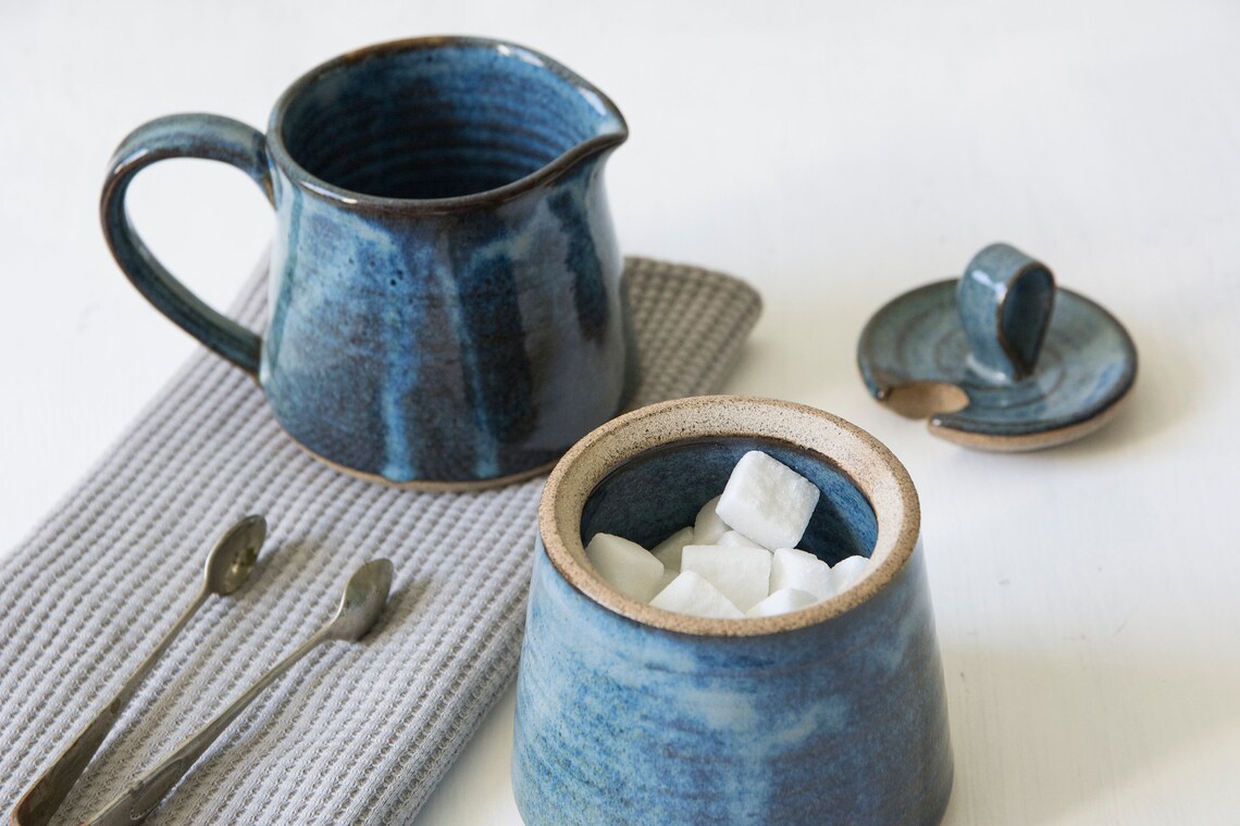 Blue Stoneware Sugar Bowl with Lid and Creamer Set | Etsy