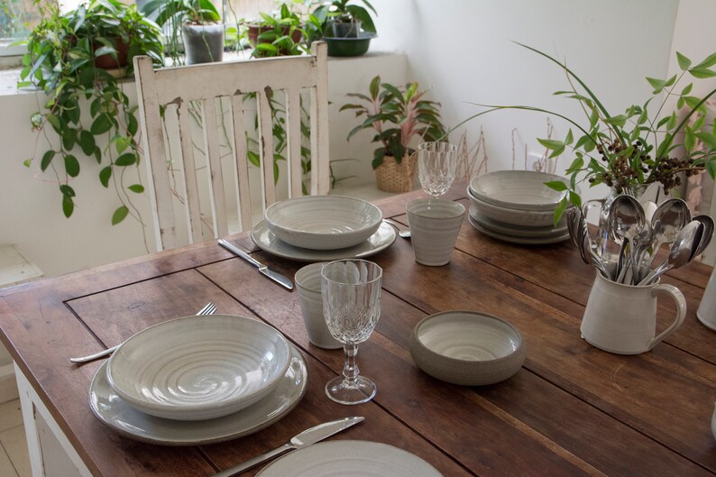 Stoneware Dinnerware Set Service for 4 White and Gray Dinner - Etsy