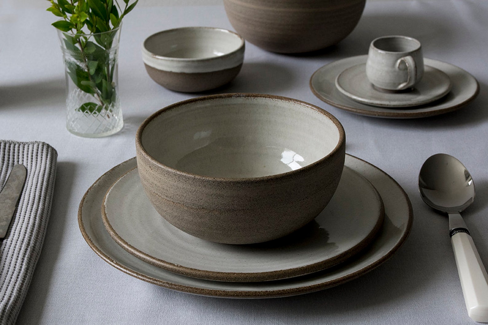 3 Piece Set Rustic Pottery Stoneware Dinnerware in White and | Etsy