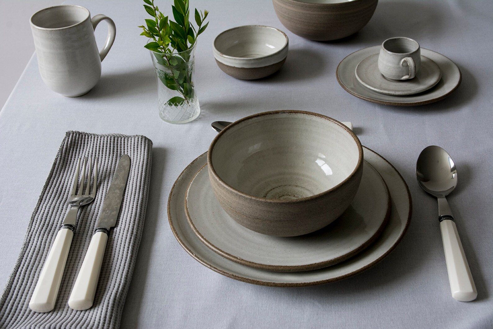 3 Piece Set Rustic Pottery Stoneware Dinnerware in White and | Etsy
