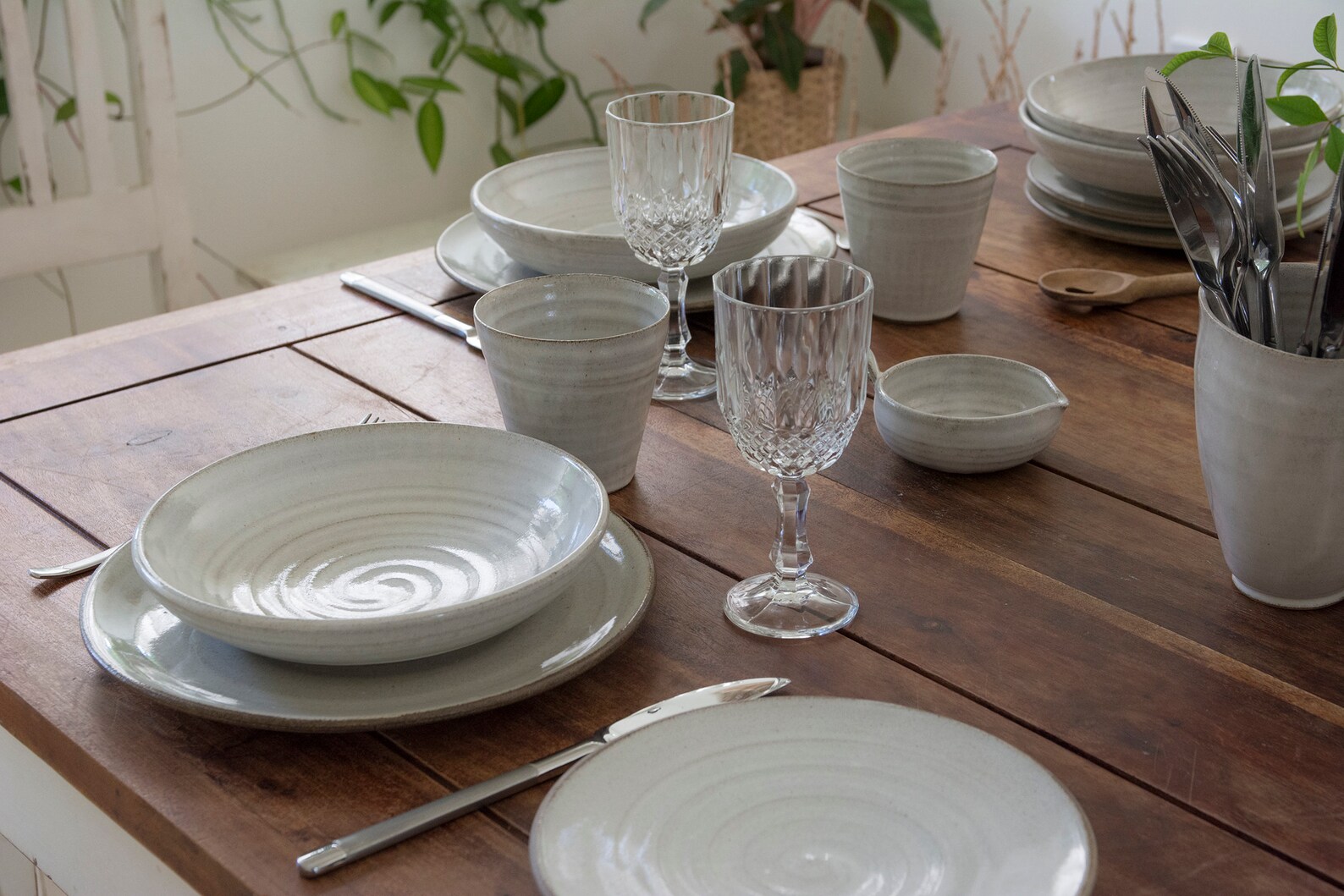 Stoneware Dinnerware Set Service for 4 White and Gray Dinner | Etsy
