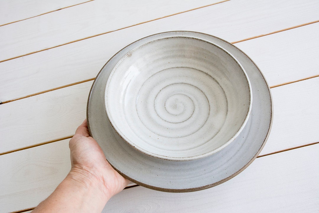 Stoneware Dinnerware Set, Service for 4, White and Gray Dinner Plate ...