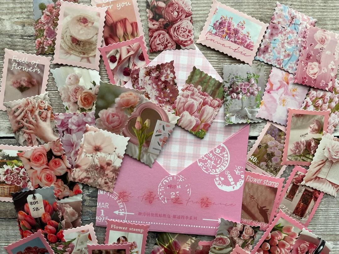 Pastel Pink Blooms Stickers, Faux Stamp Style Floral Stickers With ...