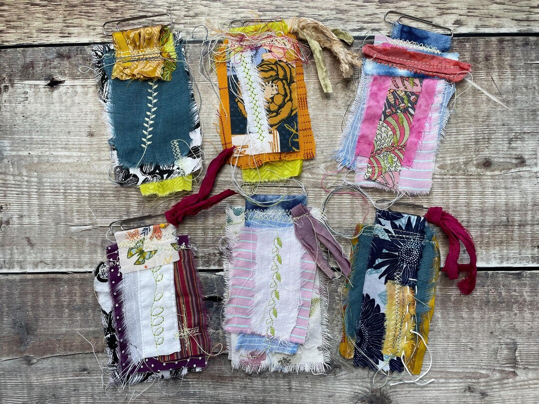 Stitched Collage Clusters With Fabric Scraps on Large Paper Clip for ...