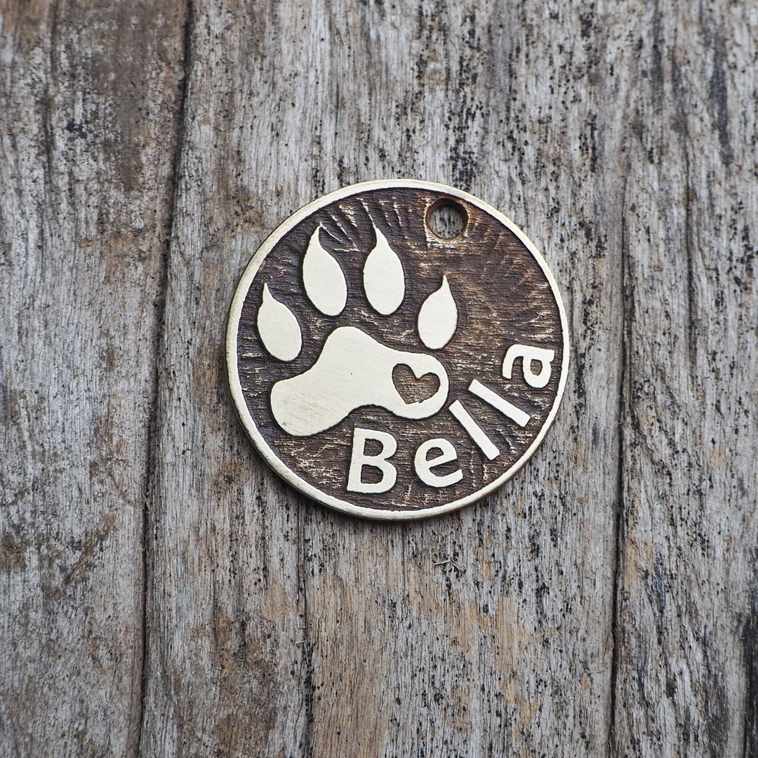 Personalized Brass Pet ID Tag: Claw & Heart Engraved Name Tag - Etsy