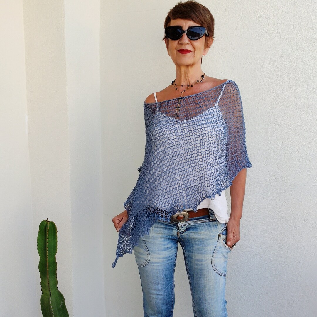 Summer Blue Poncho, Denim Knit Wrap, Denim Blue Poncho, Loose Knit ...