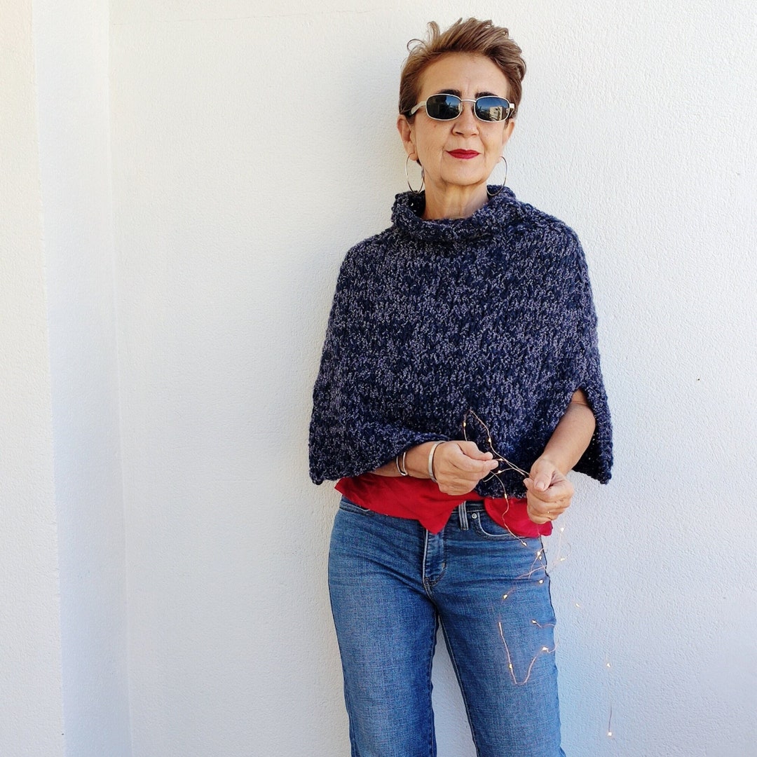 Wool Poncho for Women, Knit Women's Poncho, Wool Poncho Sweater, Blue ...