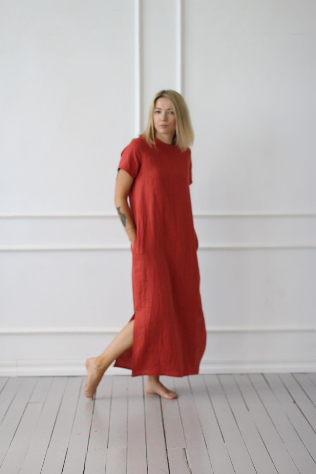 Long Linen Dress Lithuanian Linen Short Sleeve Dress With Pockets