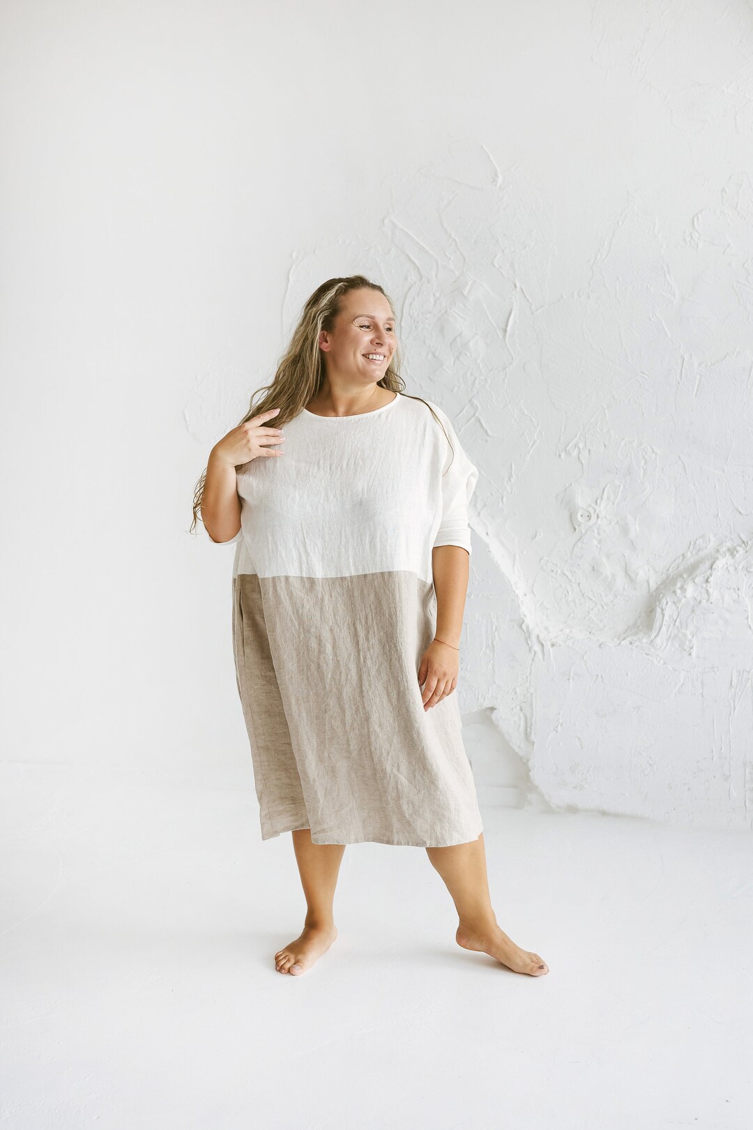 Linen Oversize Dress in Two Colour Blocks Extra Wide Japan - Etsy