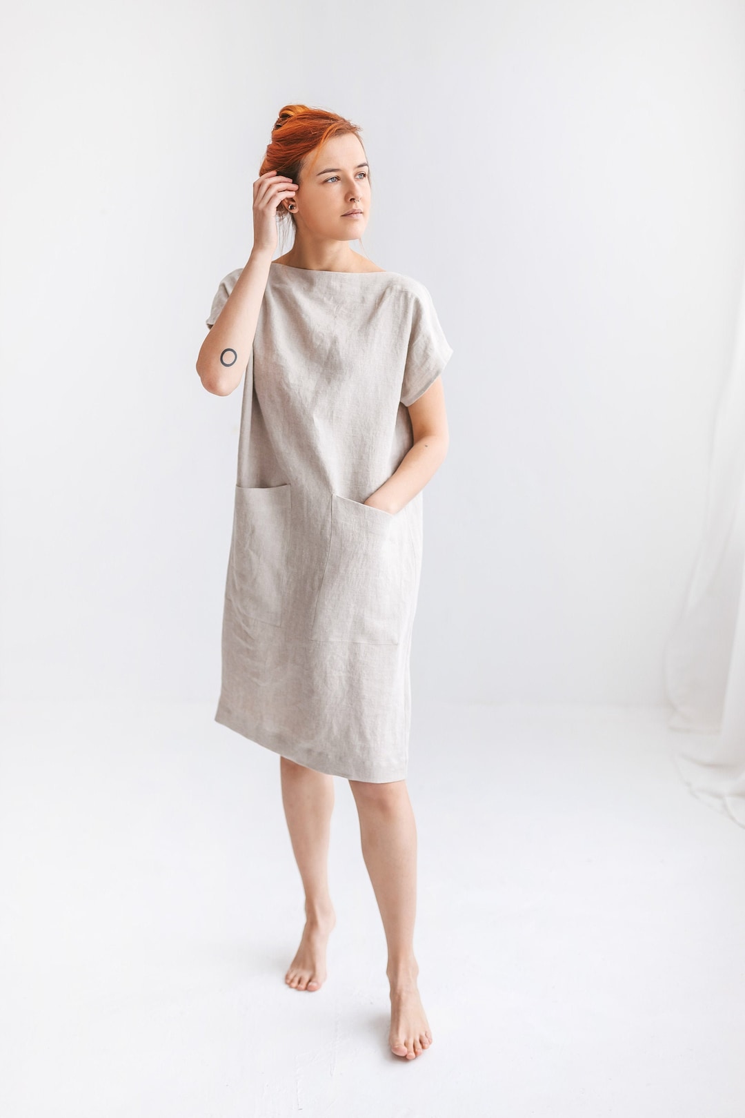 Shift Linen Dress in MIDI Length / Natural Non Dyed Linen Loose Dress ...
