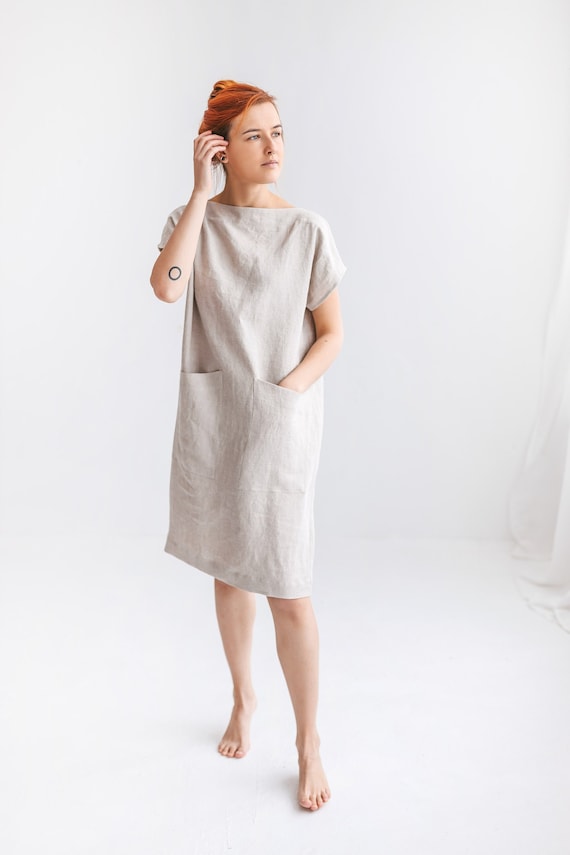 Shift Linen Dress in MIDI Length / Natural Non Dyed Linen | Etsy