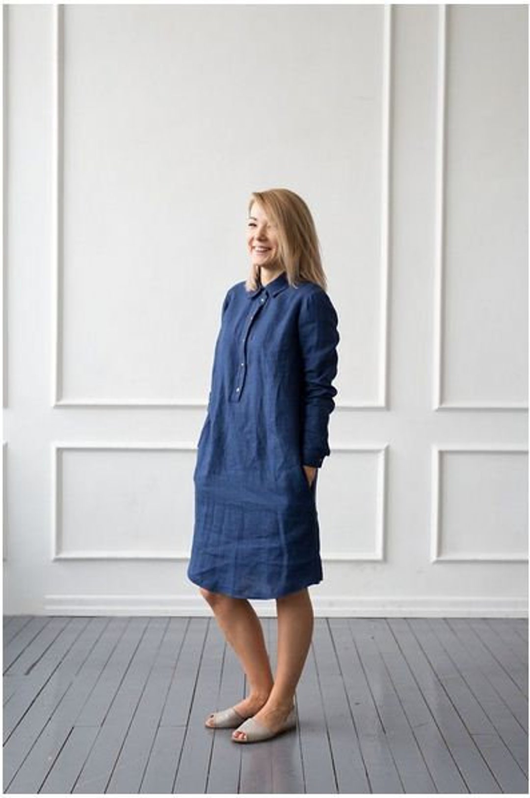 Blue Linen Shirtdress With Collar and Pockets Natural Lithuanian Linen ...