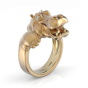 Happy Hippo Hippopotamus Diamond Snuggle Animal Ring in Sterling Silver or 14K Gold, Gifts for ...