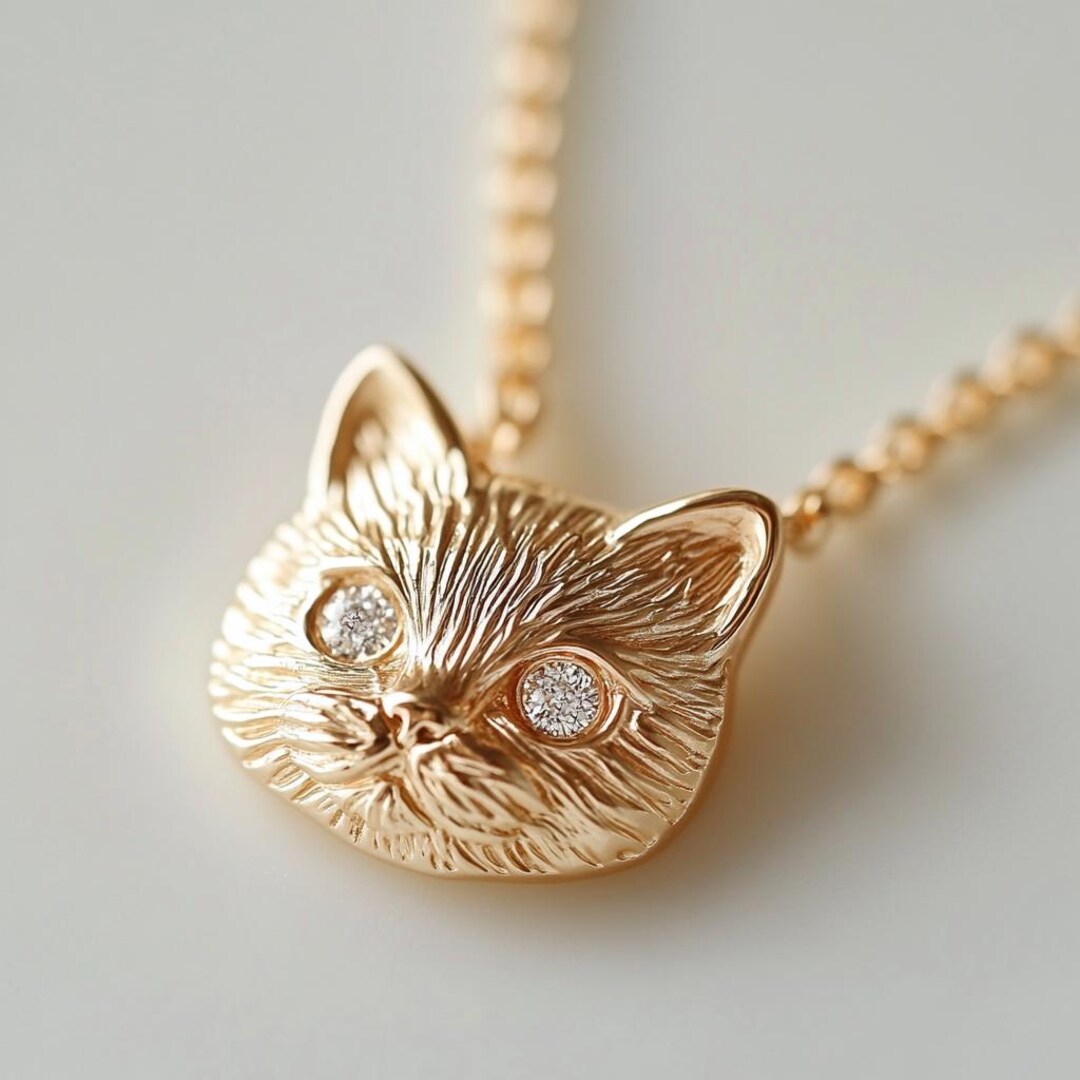 14K Gold Cat Face Pendant With Diamond Eyes – Dainty Feline Charm ...