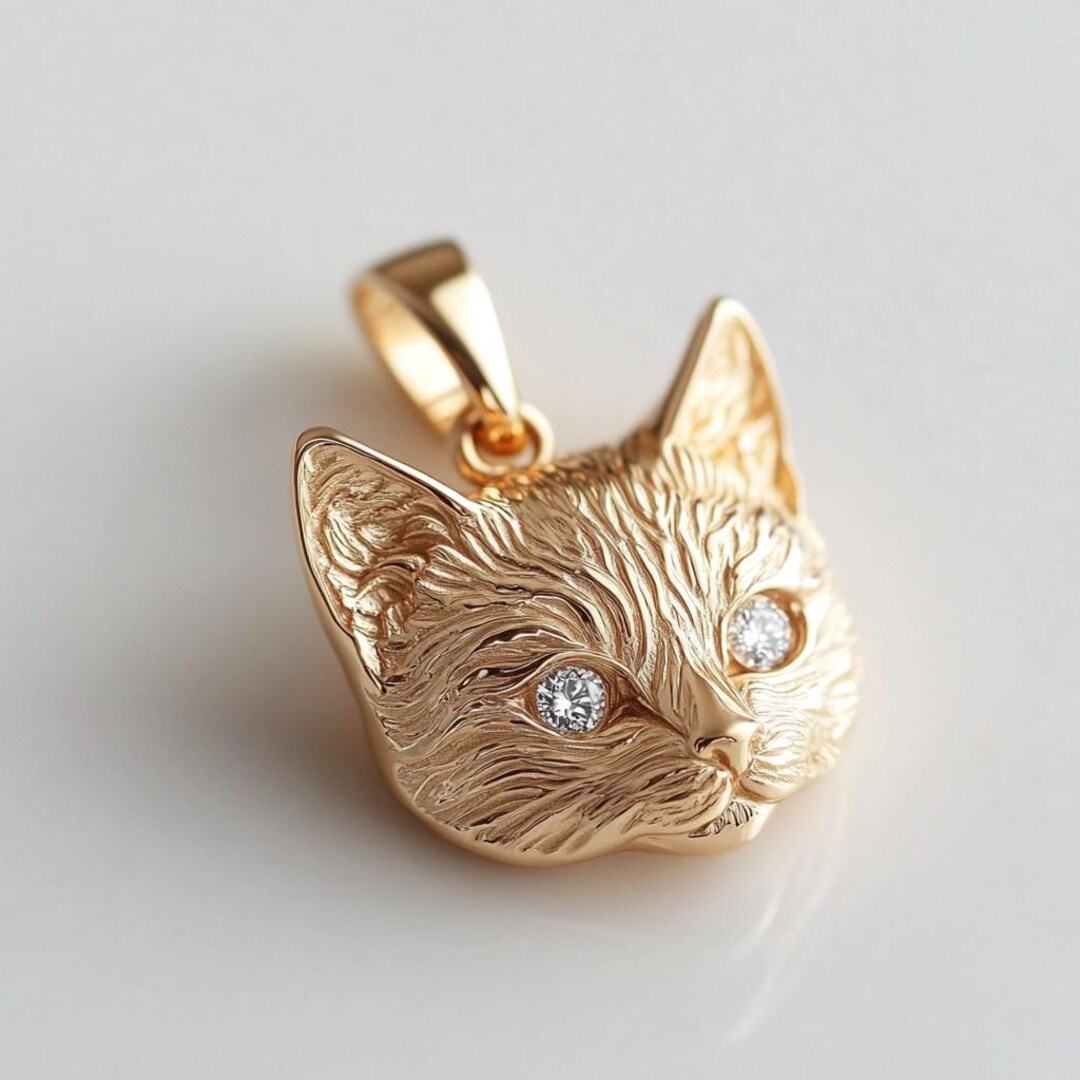 14K Gold Cat Face Pendant With Diamond Eyes – Dainty Feline Charm ...