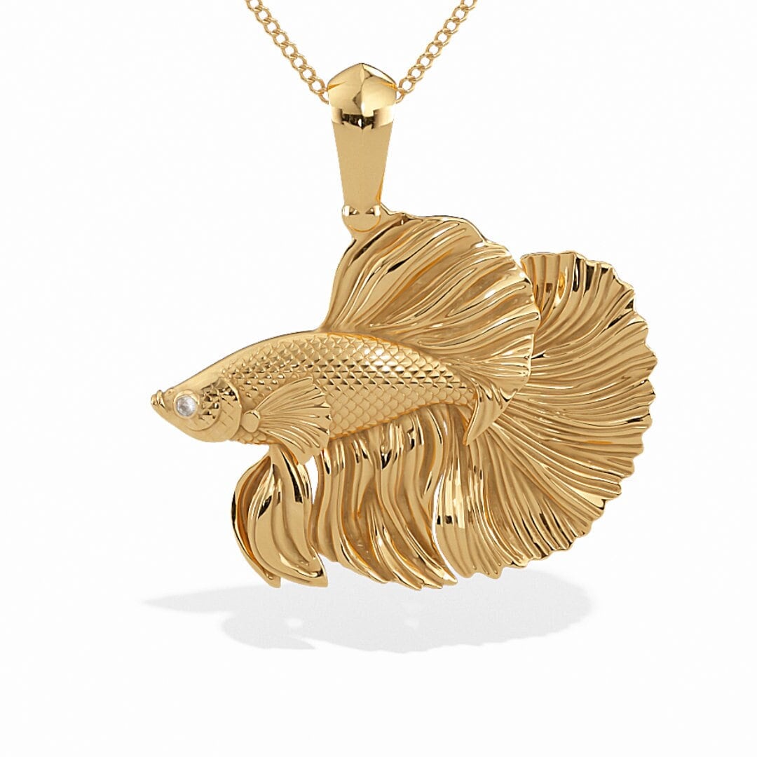 Male Betta Fish Pendant Necklace in Solid 14K Gold With Genuine Diamond ...