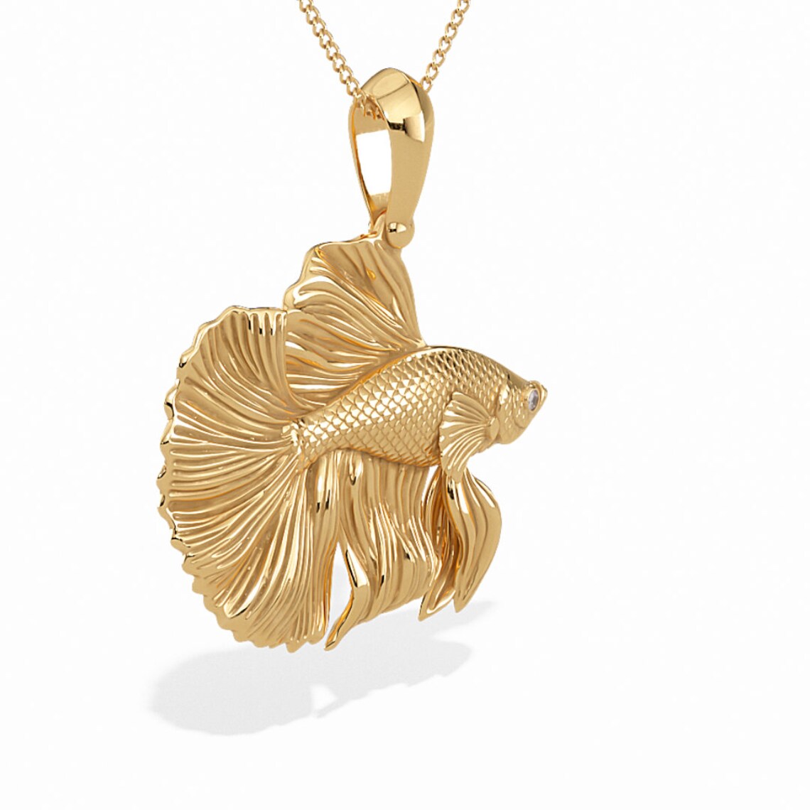 Male Betta Fish Pendant Necklace in Solid 14K Gold With Genuine Diamond ...