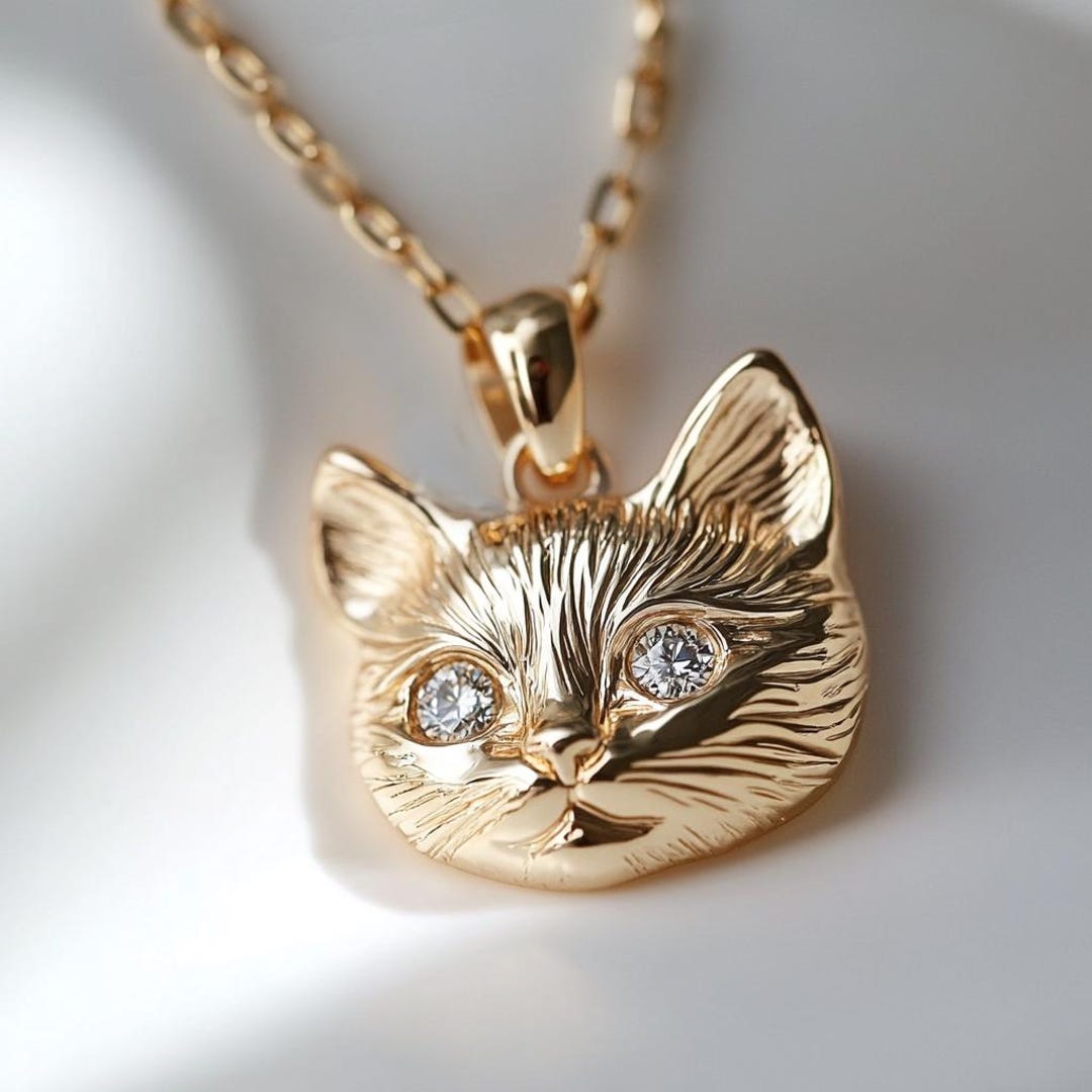 14K Gold Cat Face Pendant With Diamond Eyes – Dainty Feline Jewelry ...