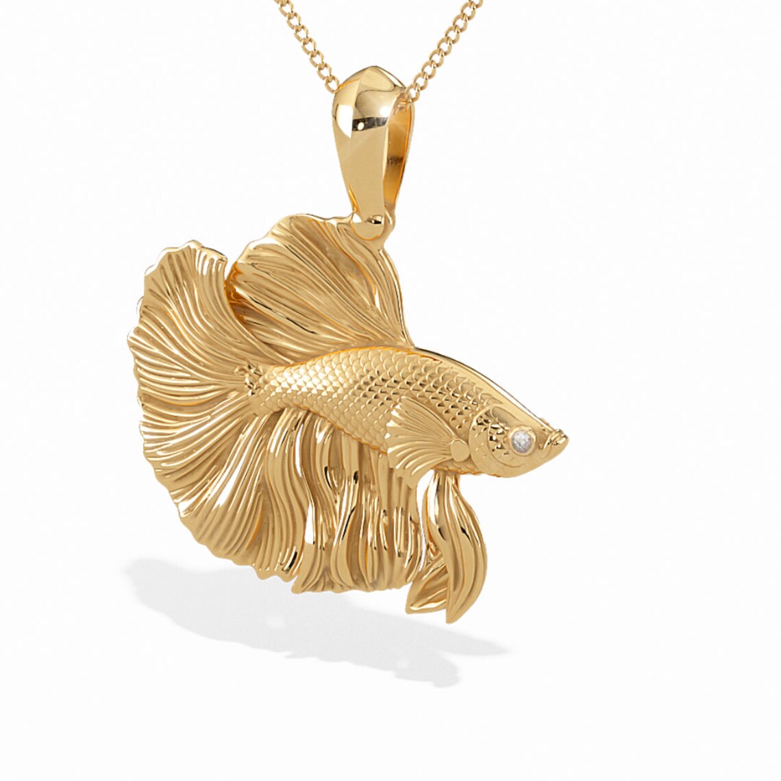 Male Betta Fish Pendant Necklace in Solid 14K Gold With Genuine Diamond ...