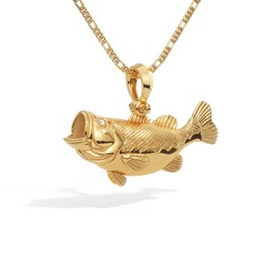 14K Gold Largemouth Bass Pendant With Diamond Eyes, Bass Charm Necklace ...