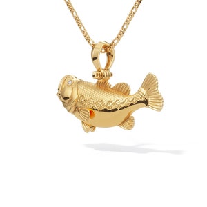 14K Gold Largemouth Bass Pendant With Diamond Eyes, Bass Charm Necklace ...