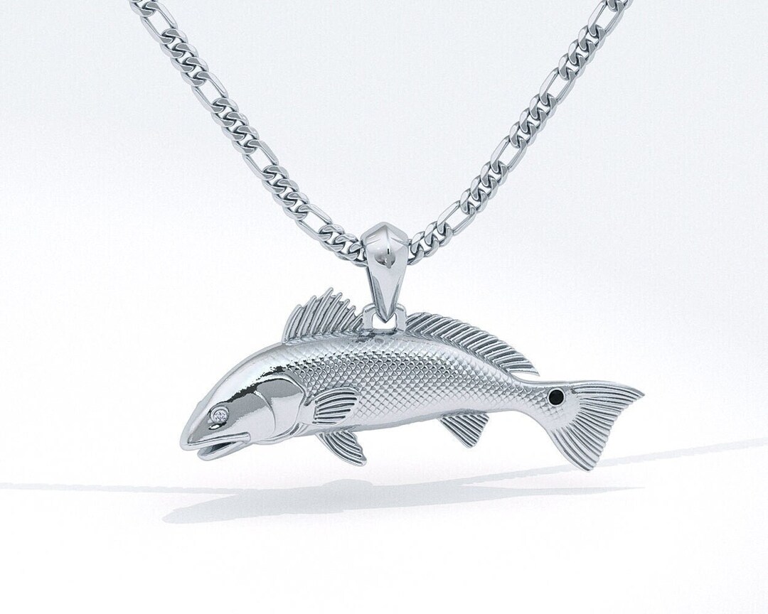 Sterling Silver Redfish 3D Pendant With Genuine Diamond Eyes and Black ...