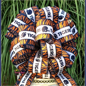 Tigers Bow, Game Day Bow, Burnt Orange Navy Blue White Bow, Wreath Bow ...