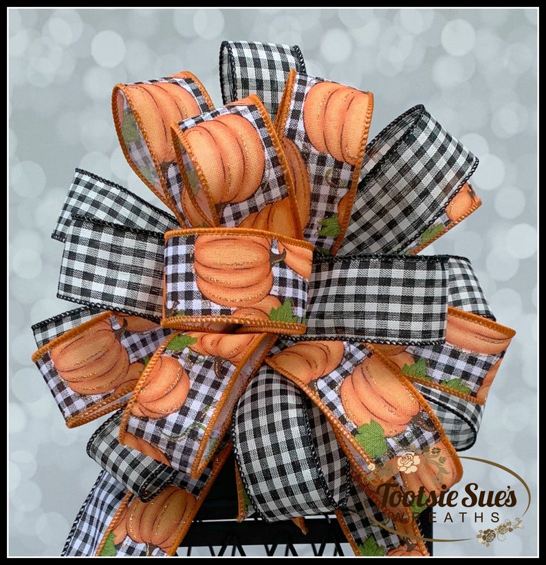 Black White Gingham Fall Pumpkin Bow Wreath Bow Gift Bow - Etsy
