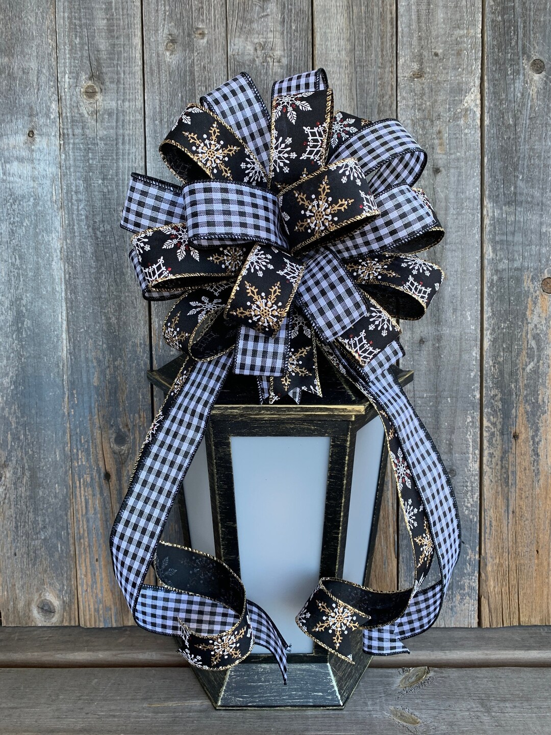 Black White Gingham Gold White Snowflakes Winter Bow, Lantern Bow ...