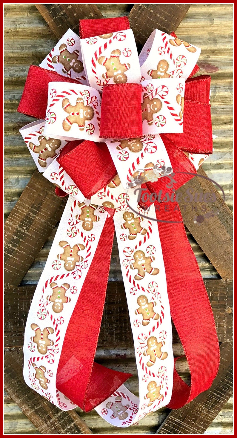 Gingerbread Christmas Red White Tan Peppermint Candy Bow | Etsy