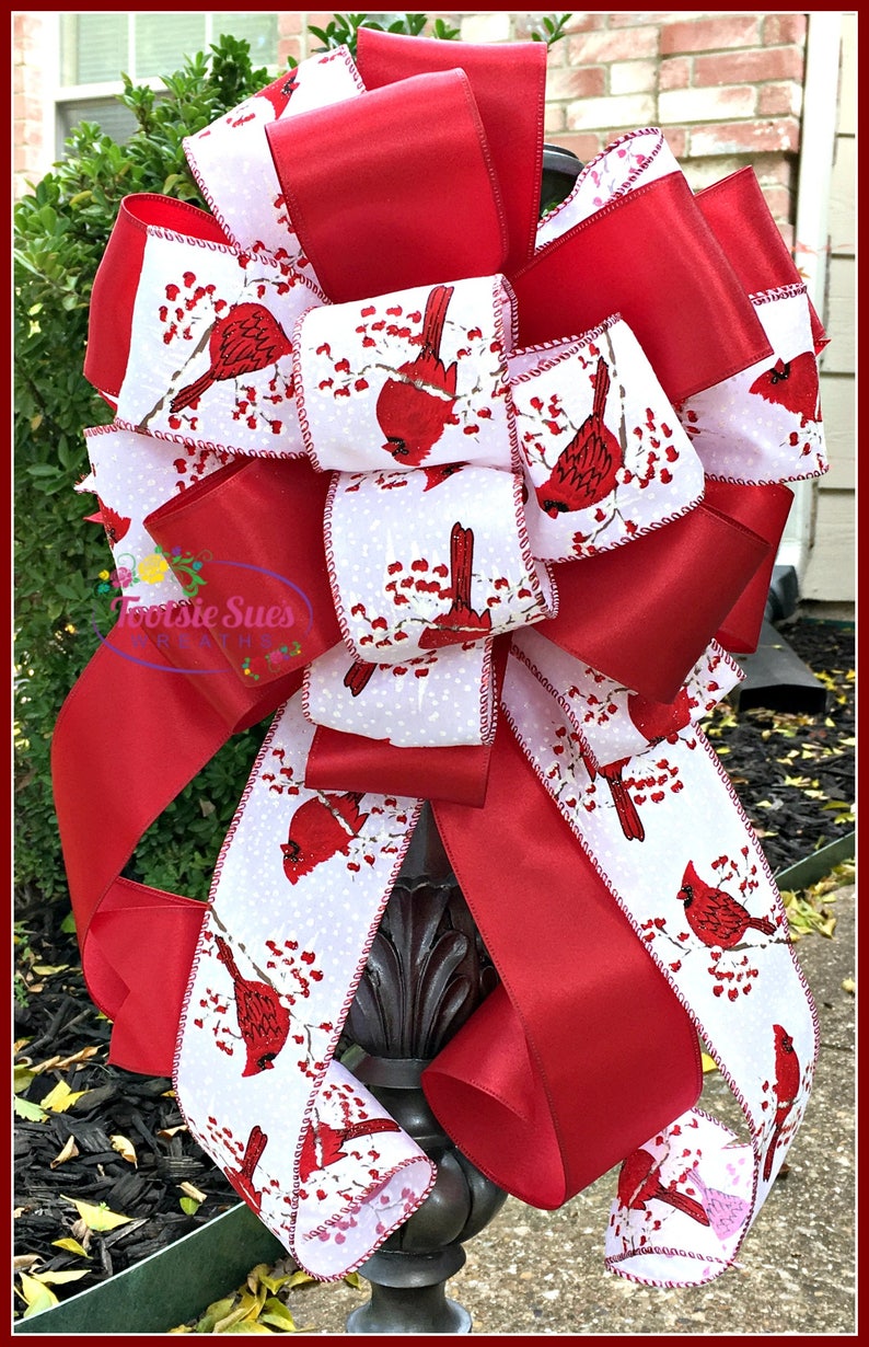 Christmas Cardinal Red White Bow Lantern Bow Package T Etsy