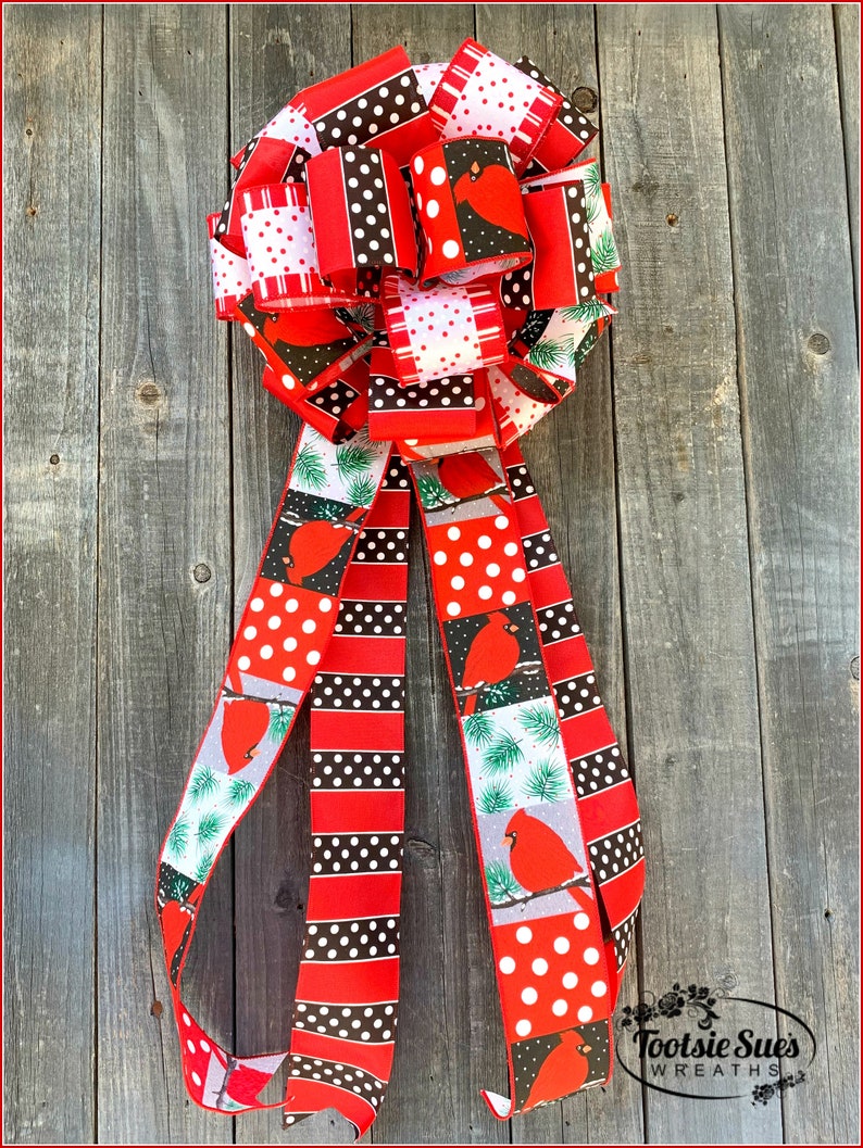 Christmas Cardinal Red Black White Dots Bow Lantern Bow - Etsy