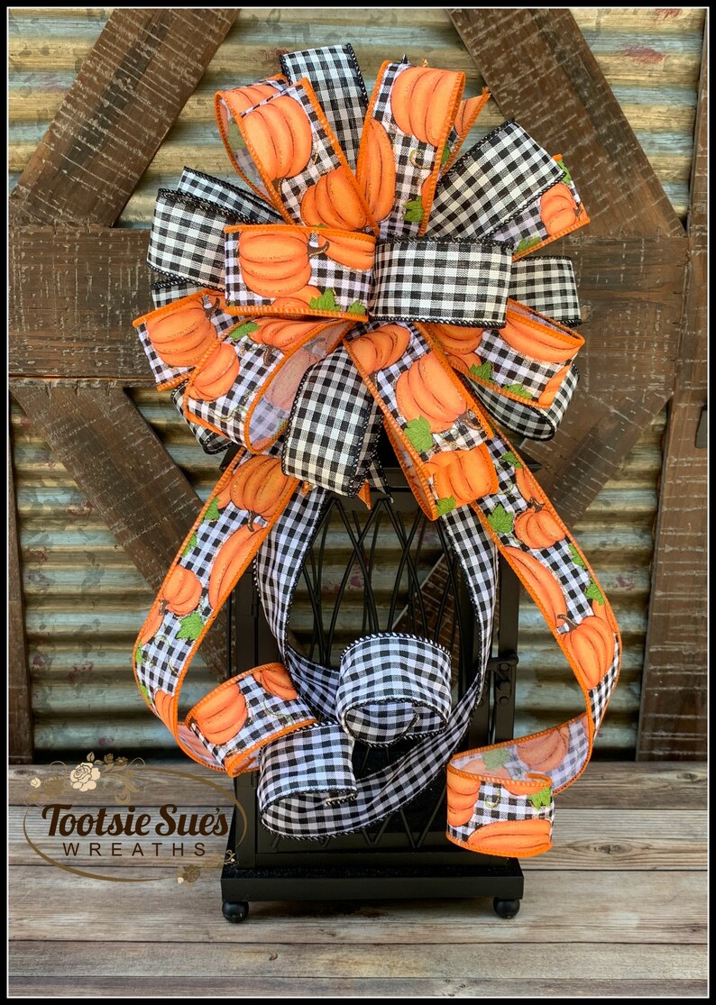 Black White Gingham Fall Pumpkin Bow Wreath Bow Gift Bow - Etsy