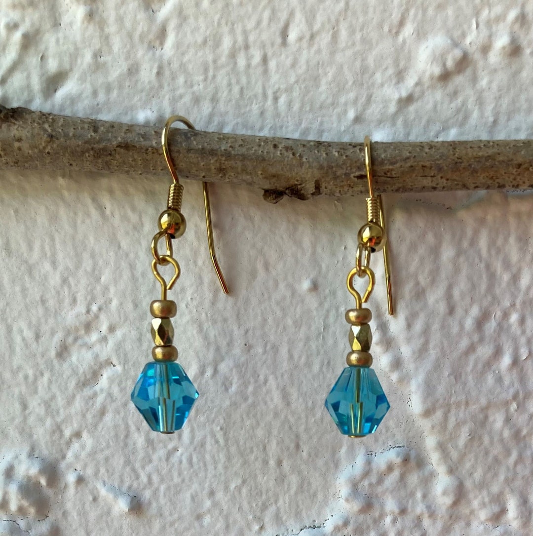 Wire Earrings - Gold Tone - Ocean Blue Earrings - Etsy