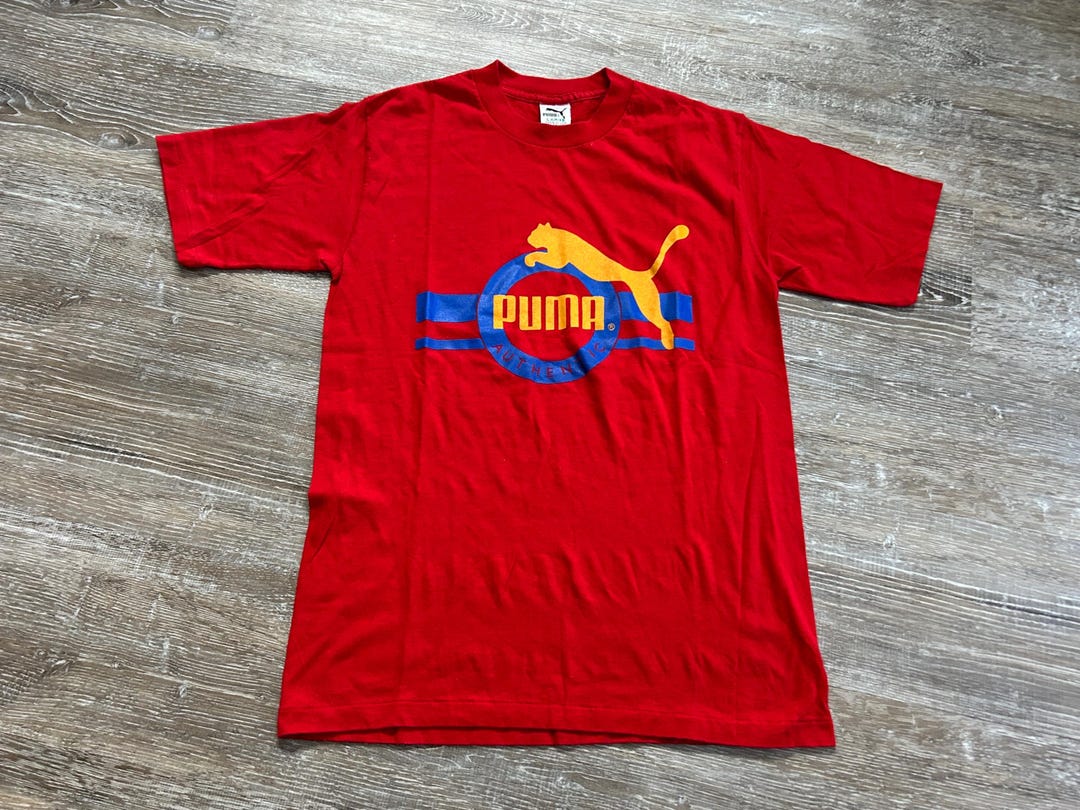 Vintage 80s PUMA Brand T Shirt Big Logo Red Short Sleeve Single Stitch ...