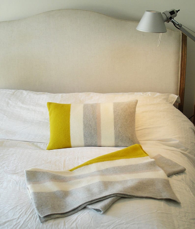 Throw Blanket Knitted in Lambswool - Yellow / Grey / Gray / White ...