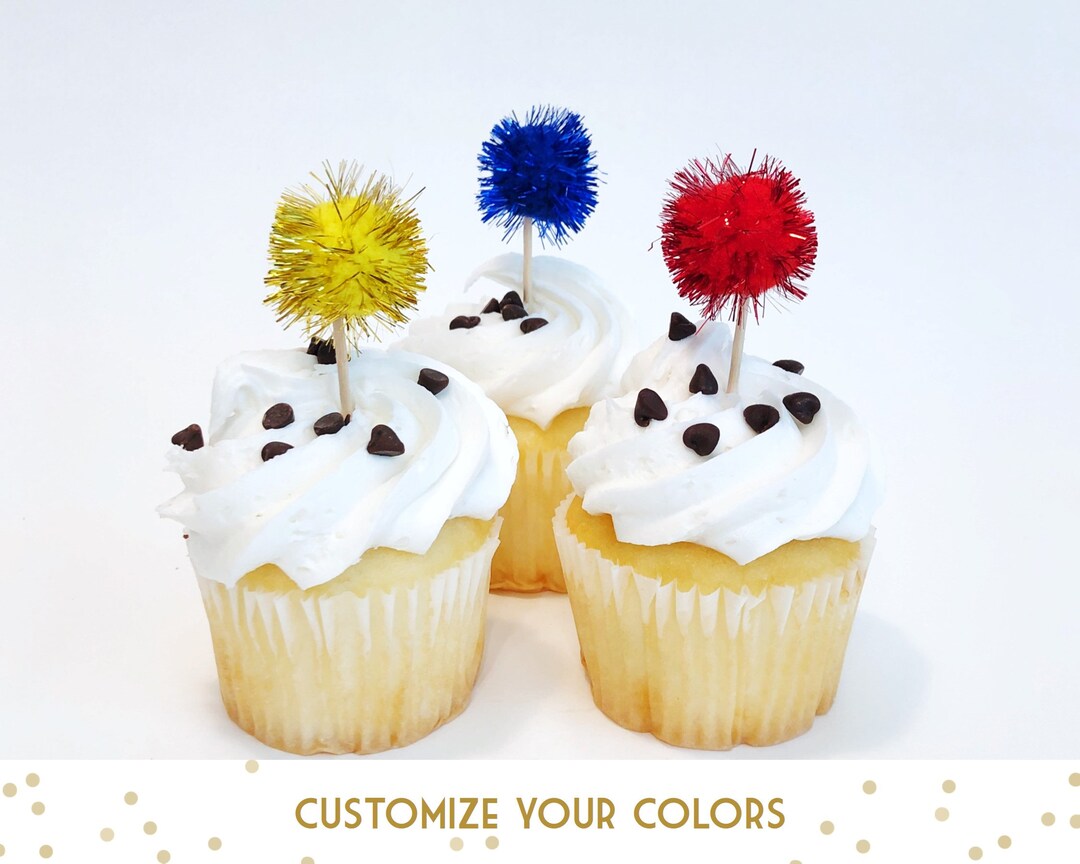 Sparkly Glitter Pom Pom Cupcake Toppers- Available in Multiple Colors ...