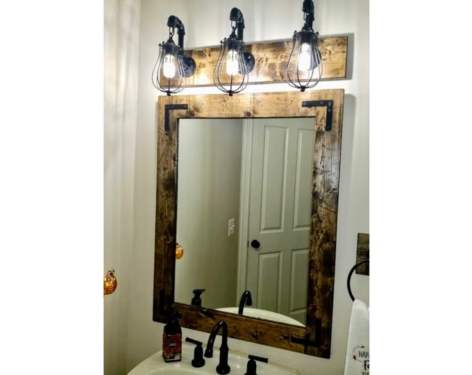 Bathroom Set RUSTIC DISTRESSED Farmhouse Mirror and Cage Light Fixture ...