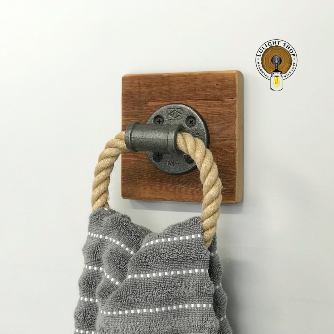 Rustic Rope Towel Holder on Reclaimed Wood, Industrial Small Rope Ring ...