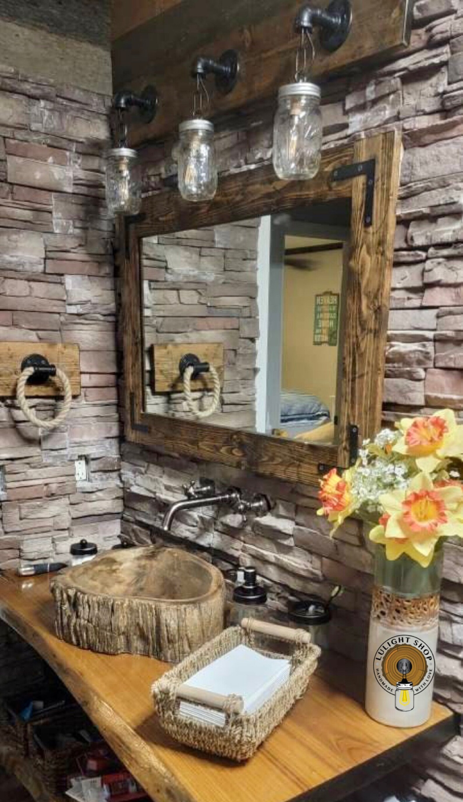 Bathroom Set RUSTIC DISTRESSED Vanity Mirror With Mason Jar - Etsy