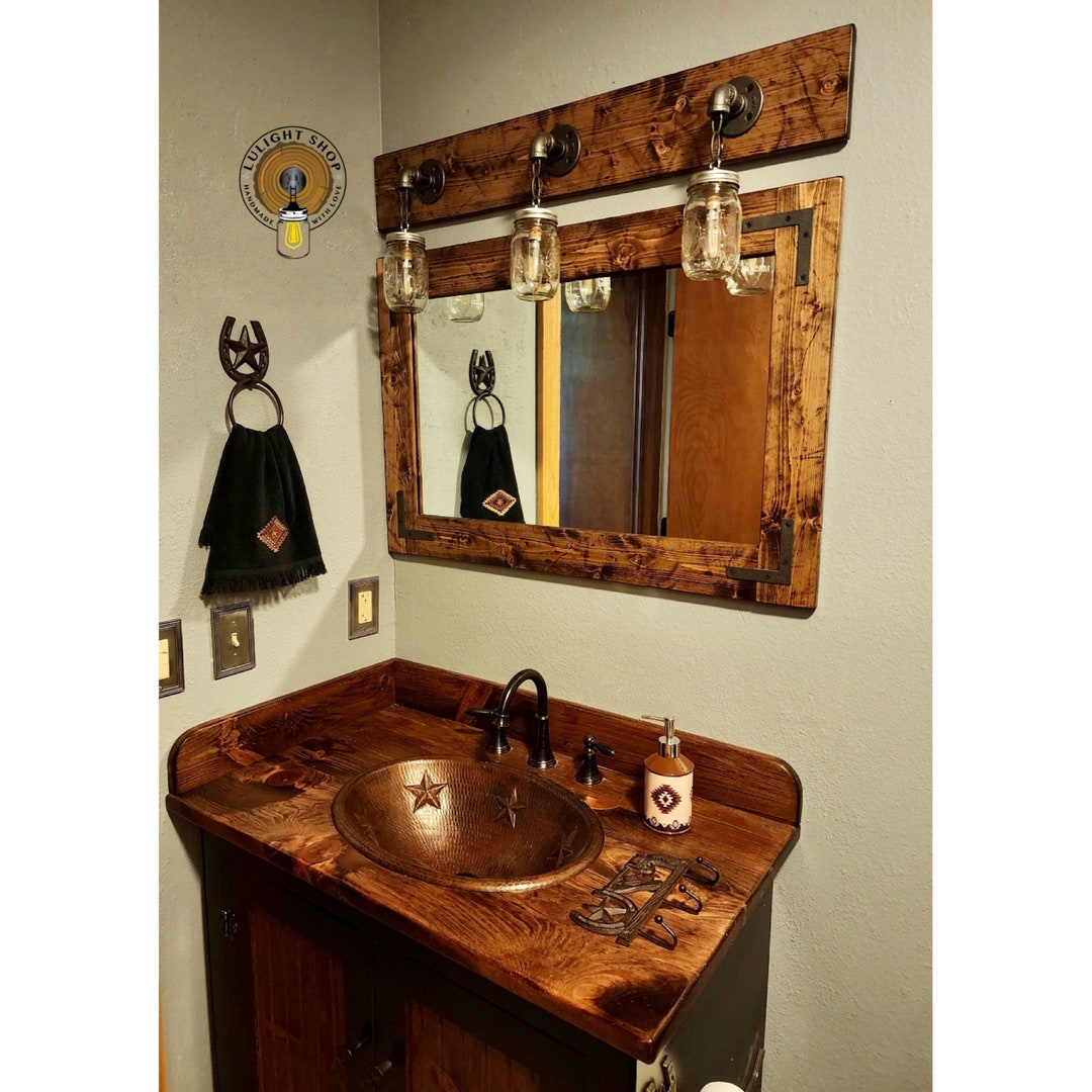Bathroom Set RUSTIC DISTRESSED Vanity Mirror With Mason Jar - Etsy