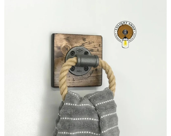 Rope Towel Holder on Rustic Wood, Towel Ring, Farmhouse Rustic Decor ...
